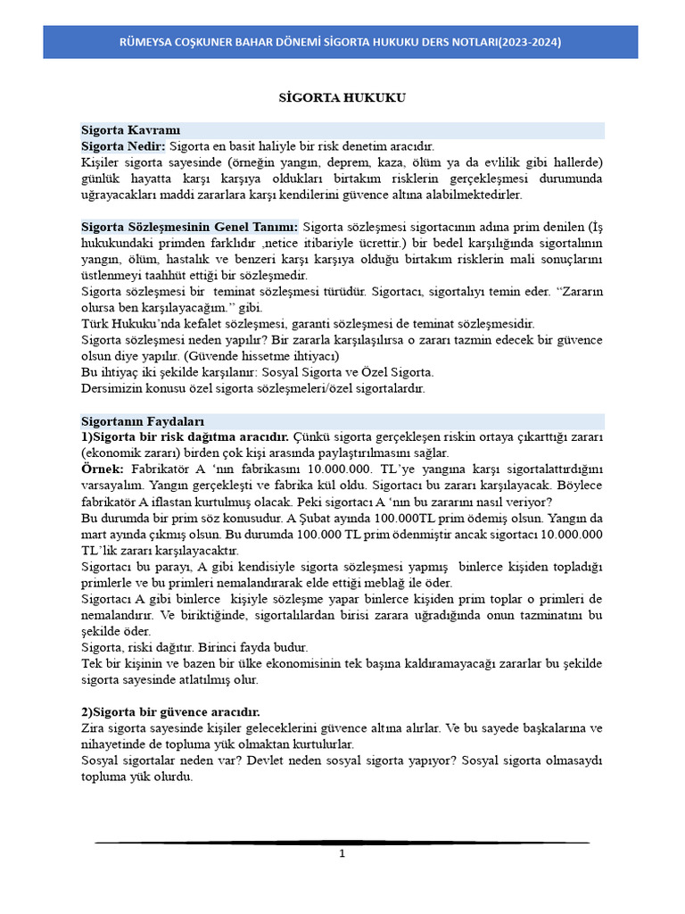 Sigorta Hukuku Bahar Dönemi Vize Öncesi Notlarım | PDF