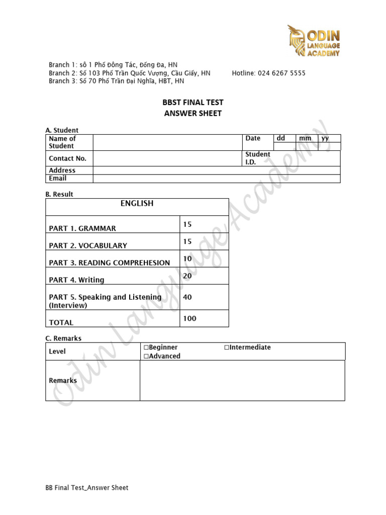 BB FINAL-TEST_Answer Sheet | PDF | Cognition | Communication