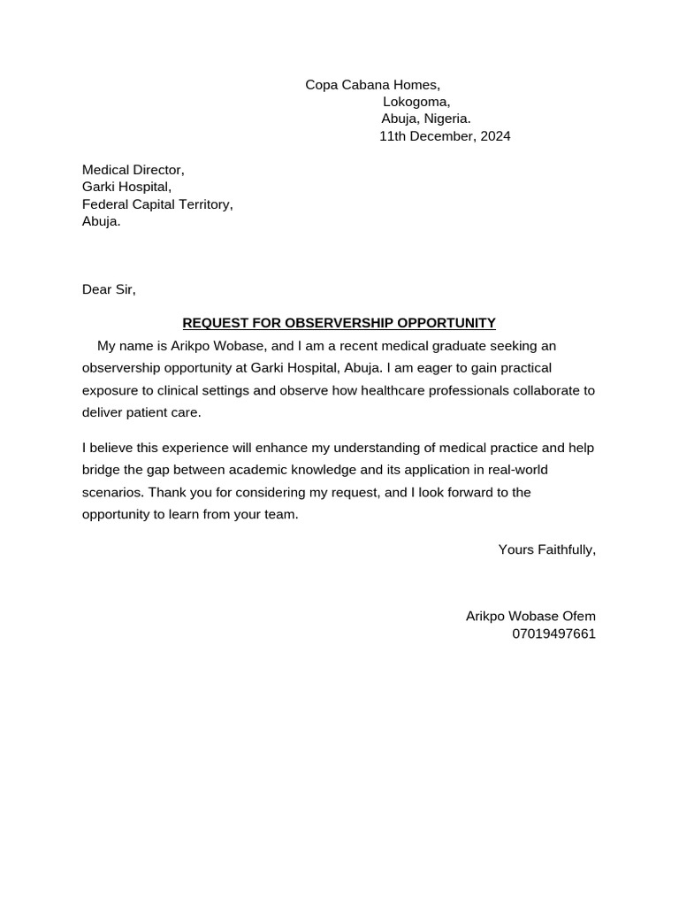 Observership Request at Garki Hospital | PDF