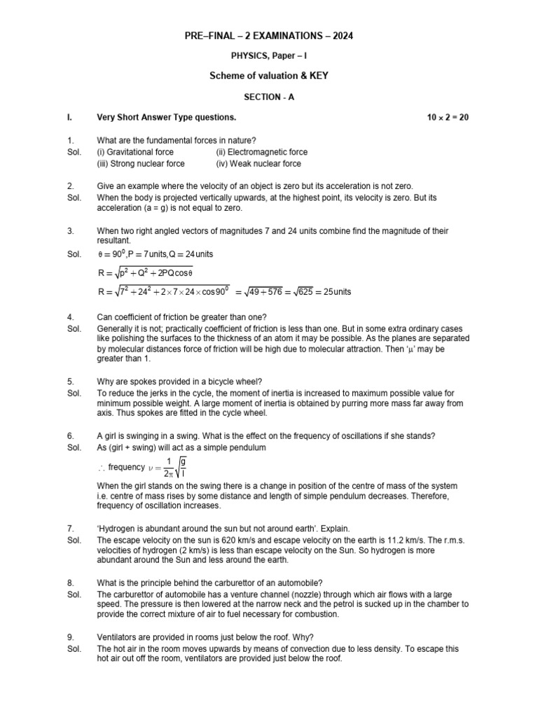 Ipe JR Prefinal-2 Phy Q.paper & Answers | PDF | Force | Angular Momentum