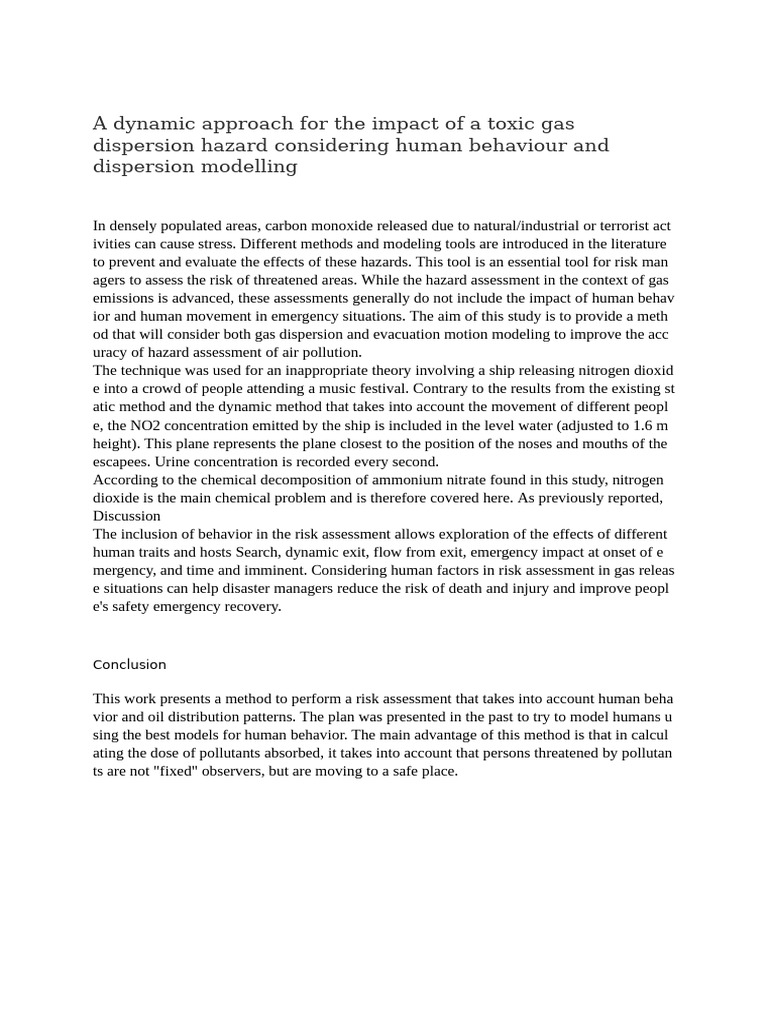 A Dynamic Approach For The Impact of A Toxic Gas Dispersion Hazard ...