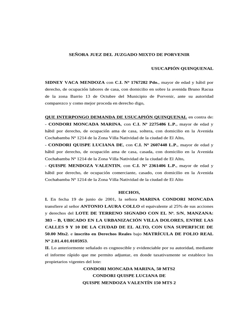 Usucapión Quinquenal | PDF | Posesión (Ley) | Posesión adversa