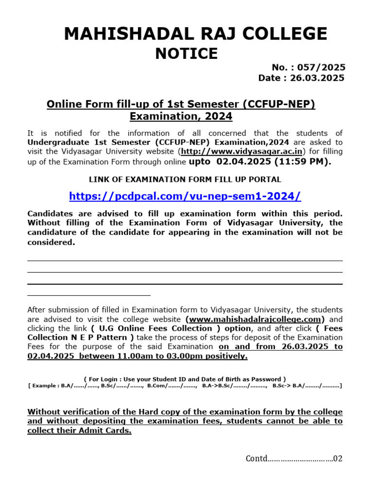 Notification Regarding U.G 1st Semester CCFUP NEP Examination Form Fill ...