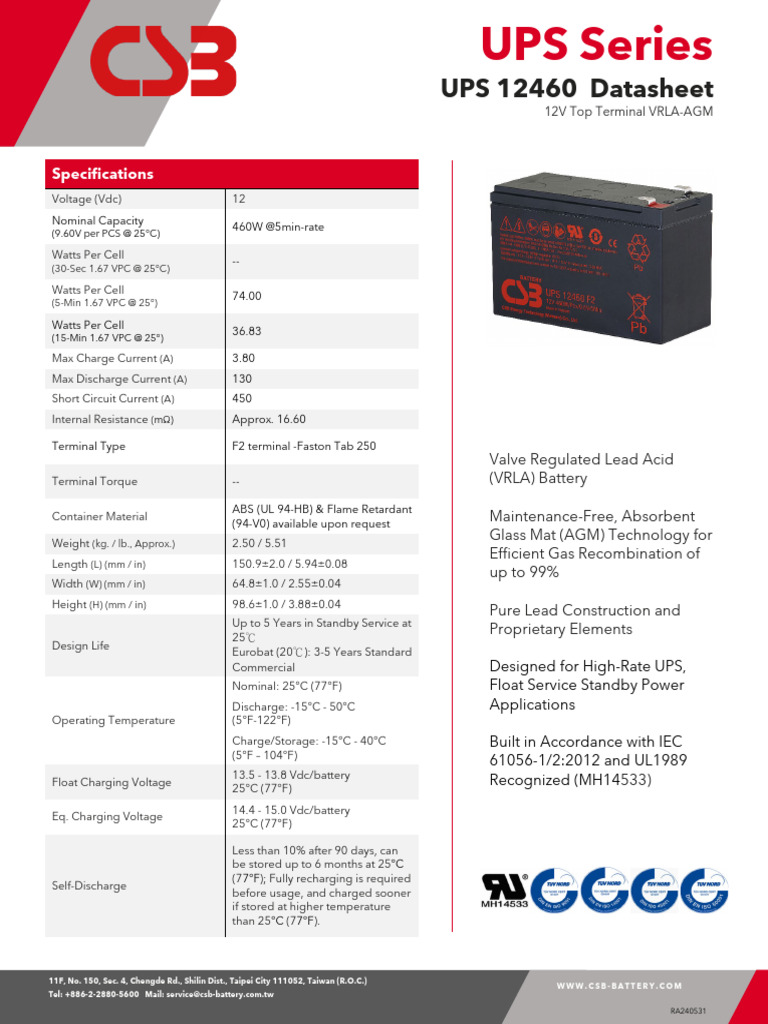 UPS 12460 12V Battery Datasheet | PDF | Manufactured Goods ...