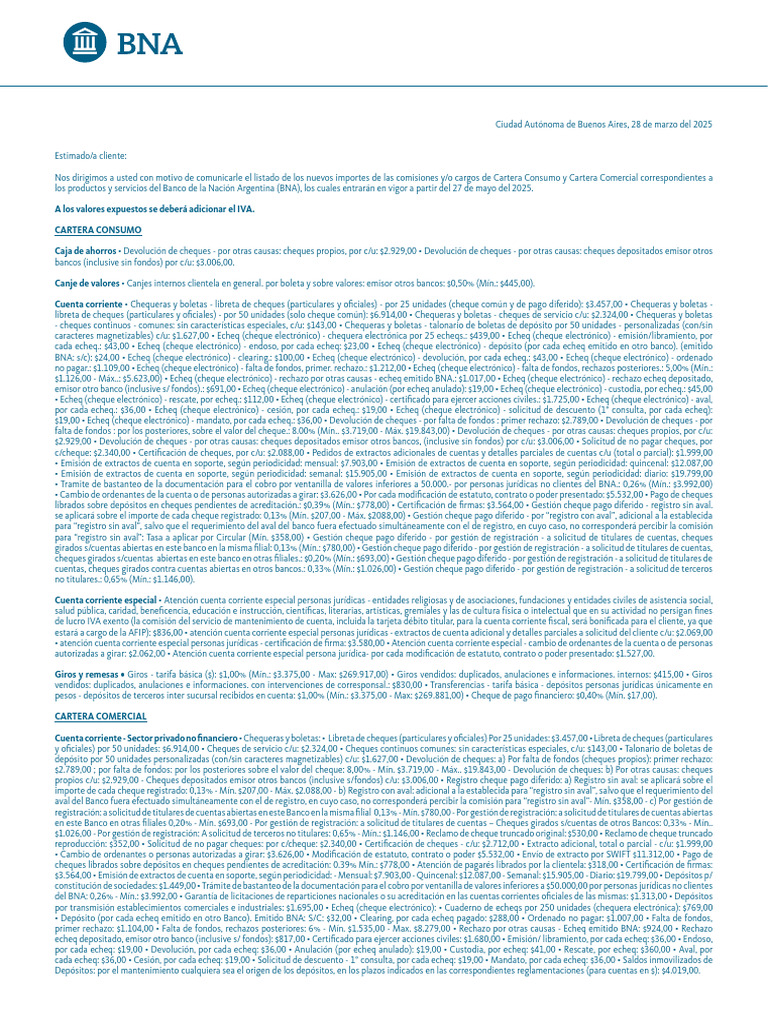 Nuevas Comisiones BNA 2025 | PDF | Tarjeta de débito | Cheque
