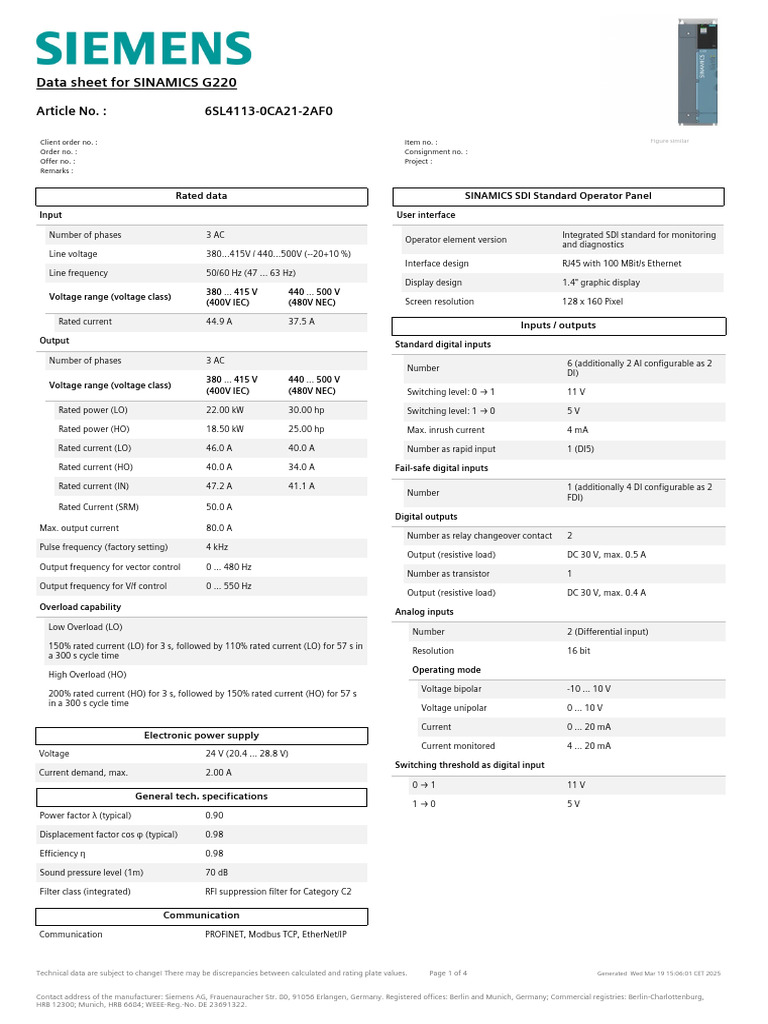 SINAMICS G220 Data Sheet Overview | PDF | Power Supply | Electrical Engineering
