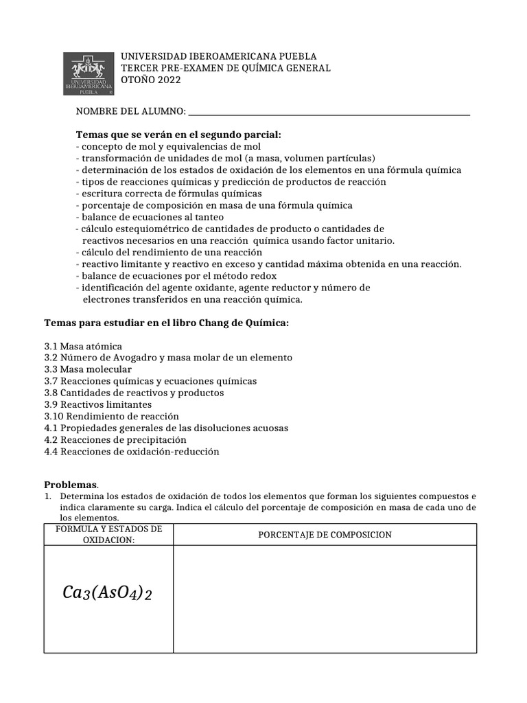 3er Pre-Ex Quim Gral Ot2022 | PDF | Redox | Reacciones químicas