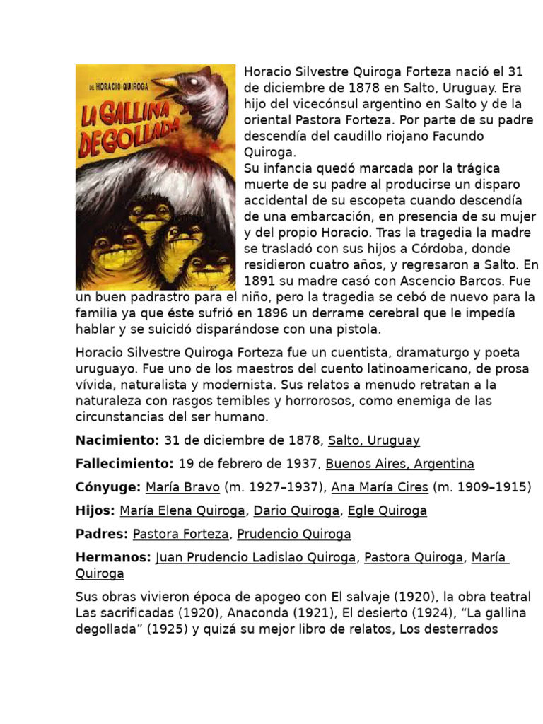 Horacio Silvestre Quiroga Forteza Nació El 31 de Diciembre de 1878 en Salto | PDF | Gabriel ...