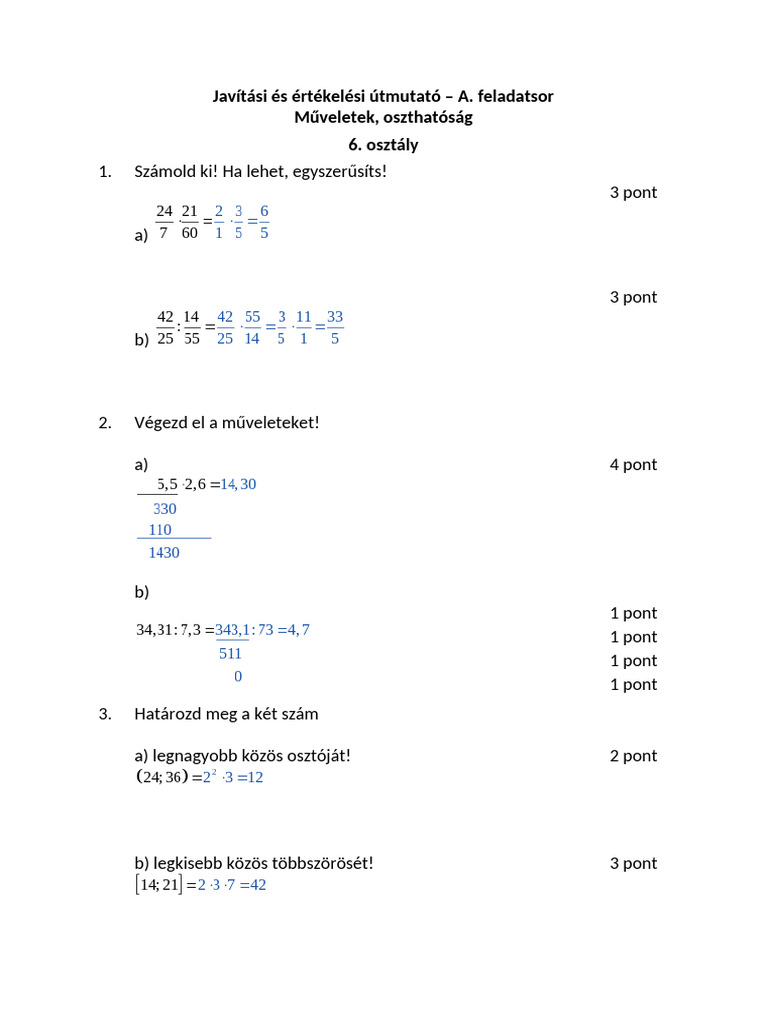 Matematika 6 Dolgozat Megoldókulcs | PDF