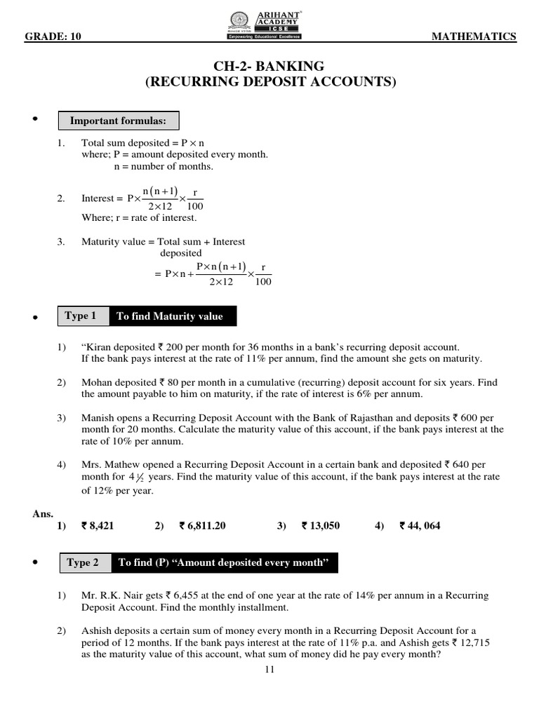 Recurring Deposit Formulas and Examples | PDF | Banks | Interest