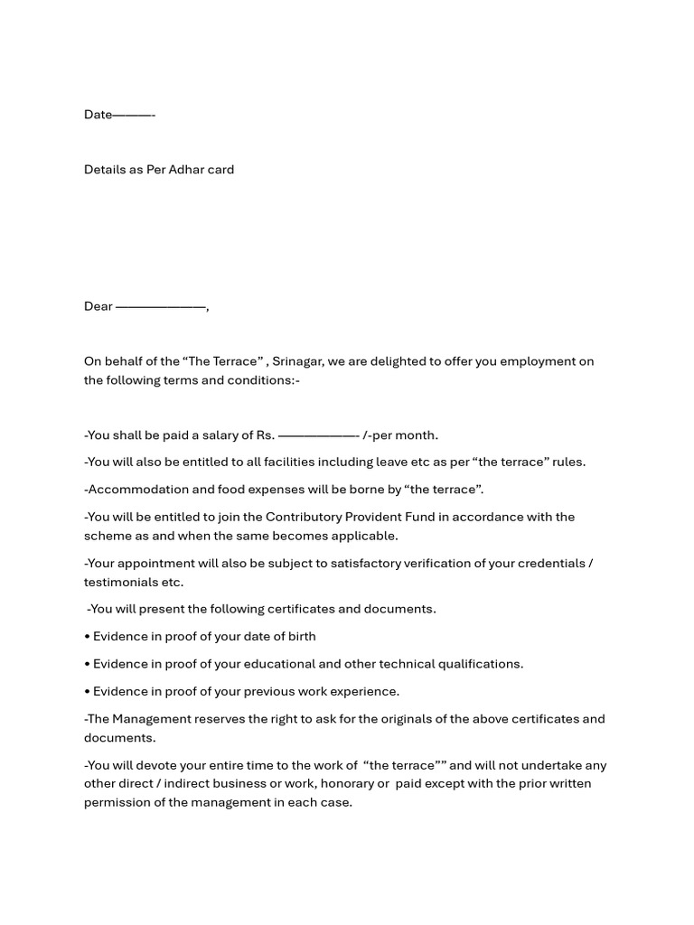 Terrace Employment Contract Letter | PDF | Salary | Employment
