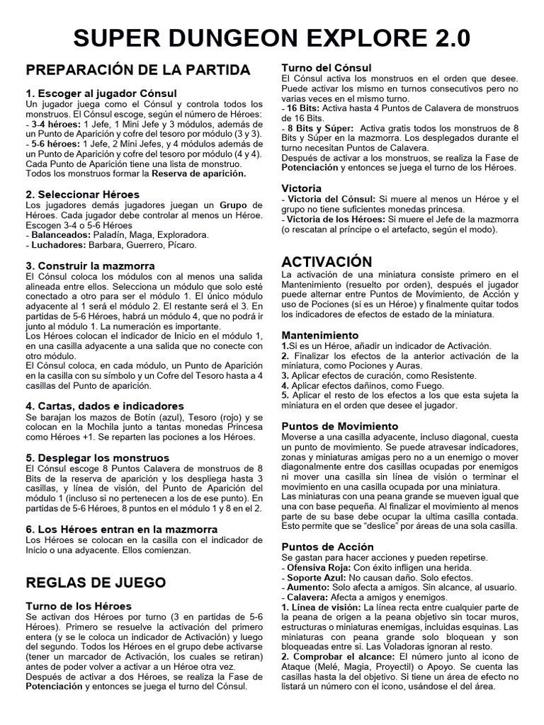 Guía de Preparación y Reglas de Super Dungeon Explore 2.0 | PDF