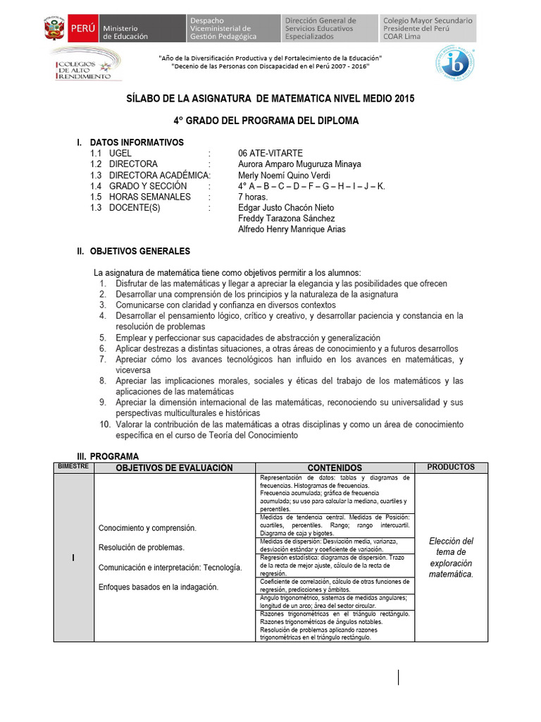 Silabo - 4° Matematica NM | PDF | Funciones trigonométricas | Derivado
