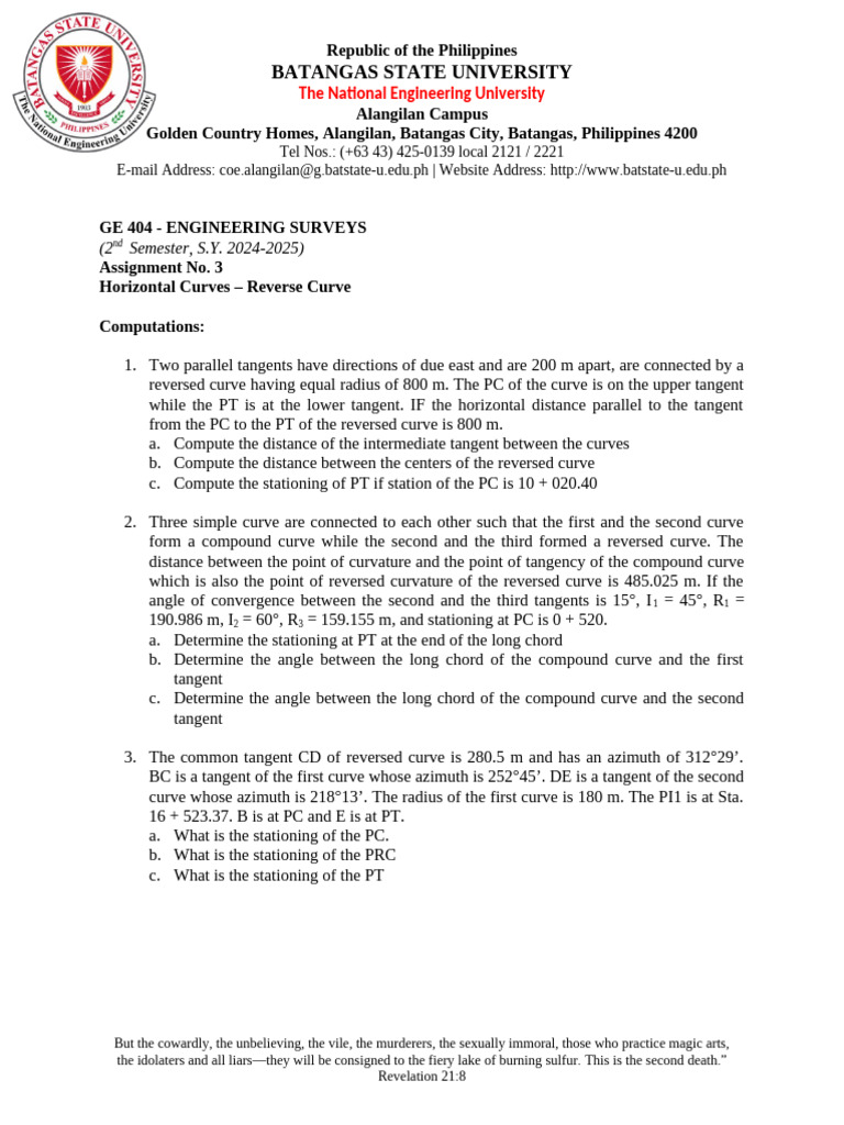 Assign 3 Reverse Curves Answered | PDF | Tangent | Curvature