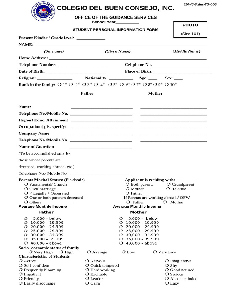 SDWC-Stdnt-FO-003 STUDENT PERSONAL INFORMATION FORM | PDF | Kinship And ...