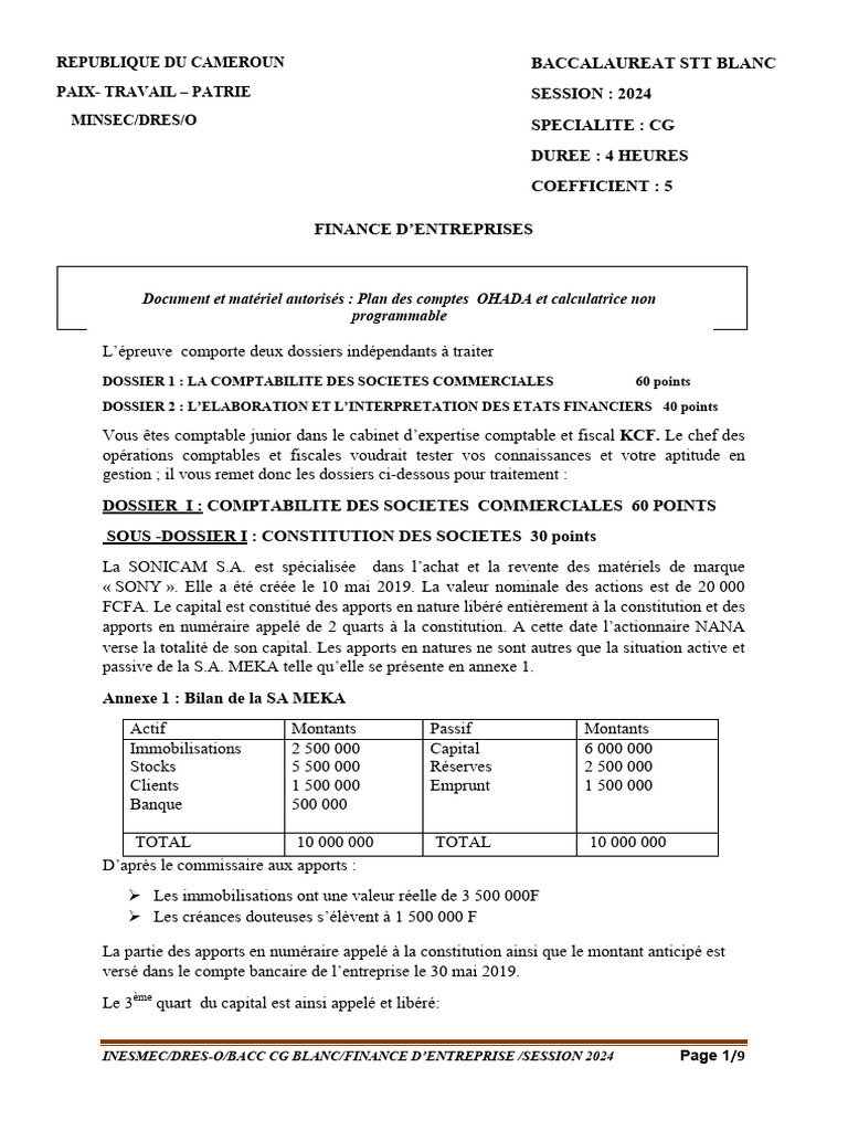 Finance d'Entreprise : Bac CG 2024 | PDF | Bilan comptable | Comptes ...