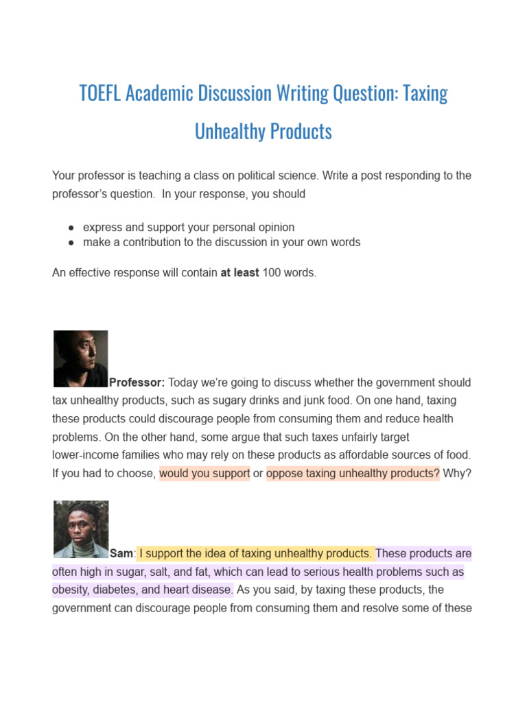 TOEFL Academic Discussion Writing Question - Taxing Unhealthy Products ...