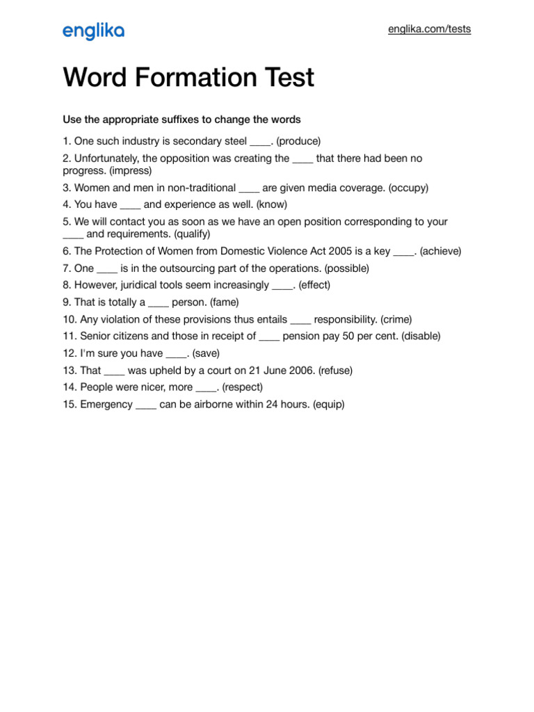 Word Formation Test Answers | PDF