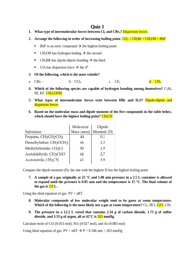 Intermolecular Forces and Gas Laws Quiz | PDF | Chemical Equilibrium ...