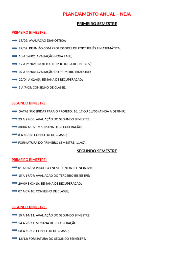 Planejamento Anual - Neja-1 | PDF