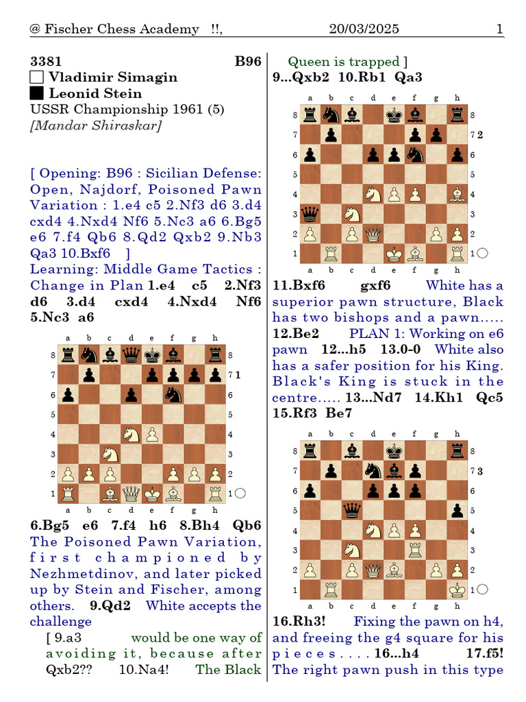 Simagin Vladimir Vs Stein Leonid 10 B96 1961 USSR CH Najdrof Poision ...