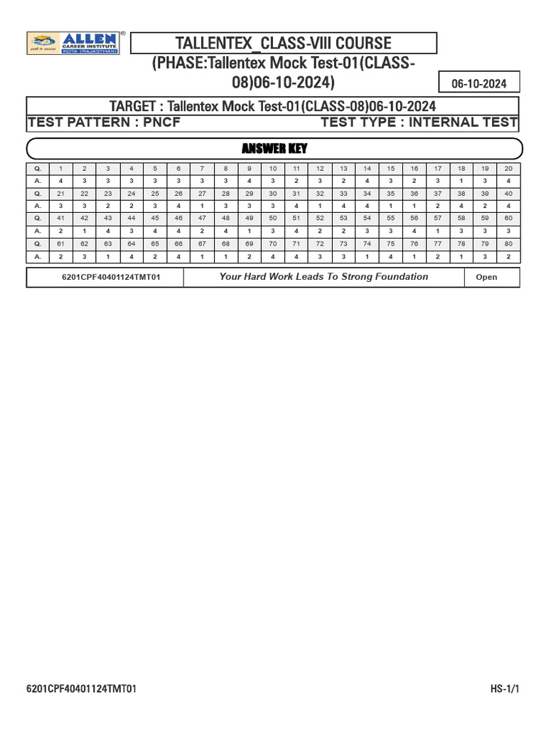 Tallentex Class 8 Mock Test 2024 Answers | PDF