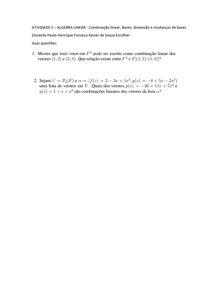Algebra linear atividade 2 | PDF