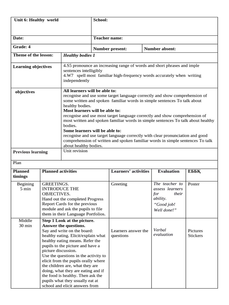 Healthy Bodies Lesson Plan for Grade 4 | PDF | Second Language | Curriculum