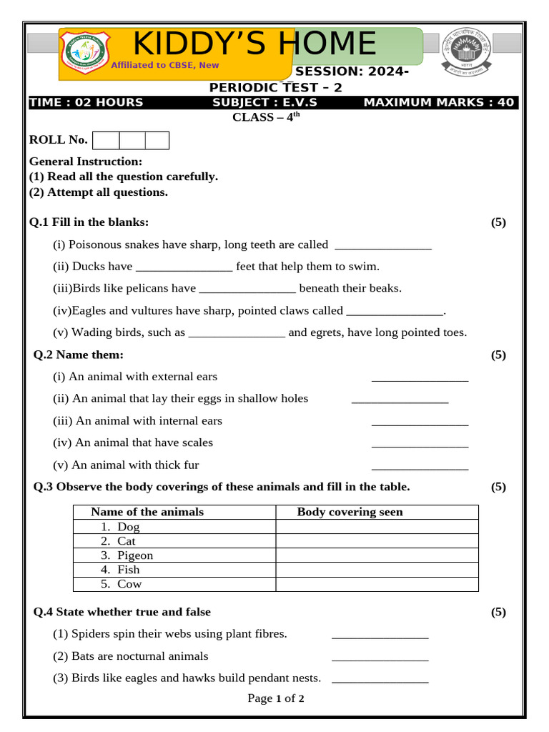 Class 4 EVS Periodic Test 2 Questions | PDF | Birds | Eagle
