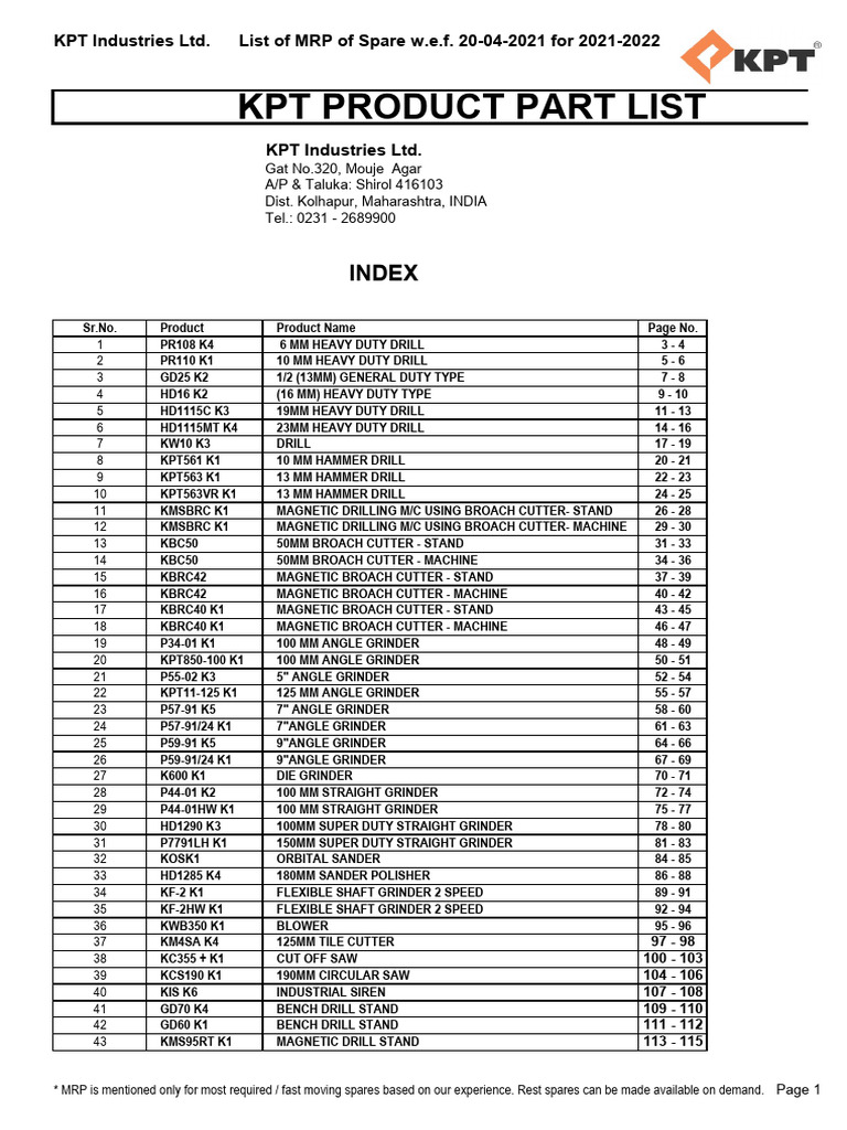 KPT Spare MRP W.E.F 20 04 21 619ba0748874e20001eb1afb | PDF | Drill ...