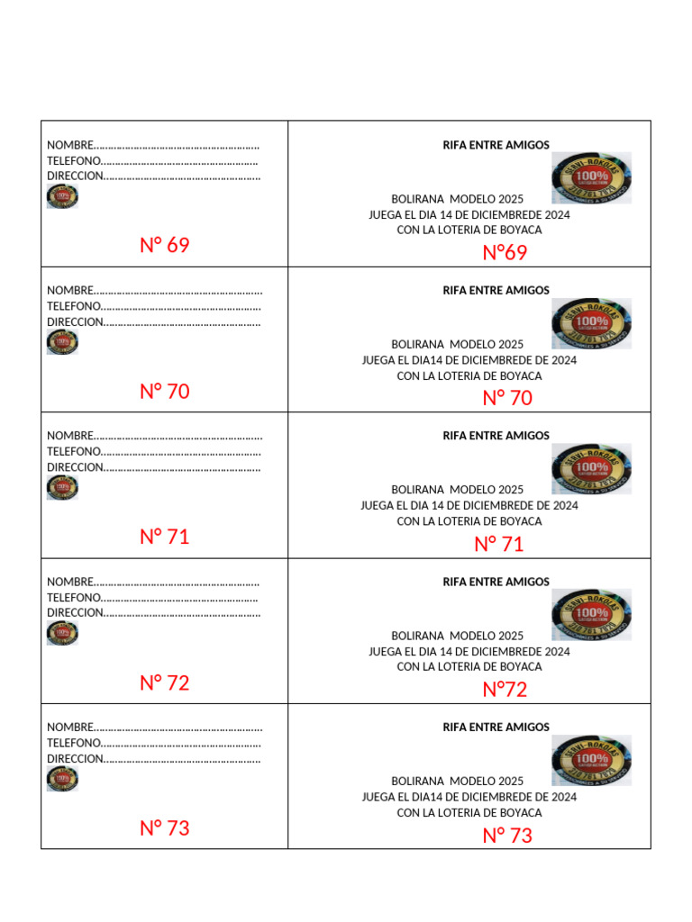 Formato Rifa Boli Numerado Bien | PDF