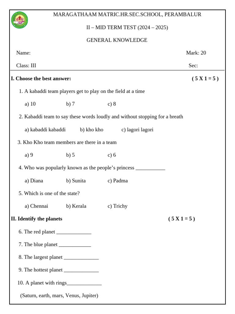 Class III General Knowledge Test 2024 | PDF