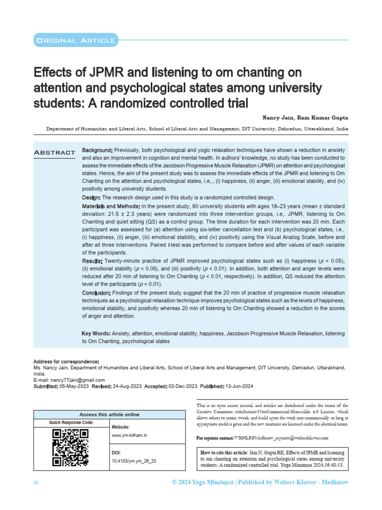 Effects of JPMR and Listening To Om Chanting On.8 | PDF | Cognition | Mental Health