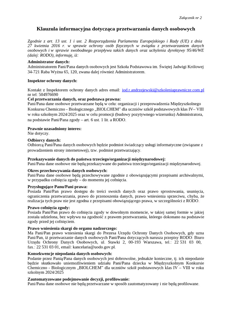 Zalacznik Nr 2 Rodo BIOLCHEM | PDF