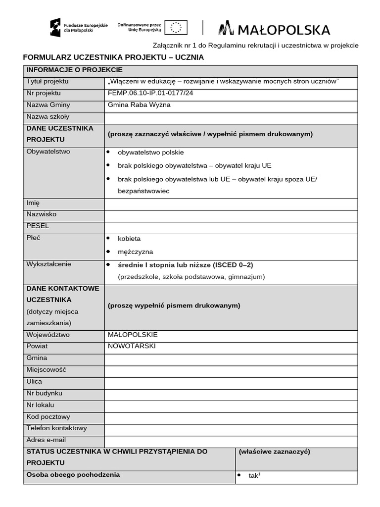 Zal.1 Formularz Zgloszeniowy Uczen | PDF