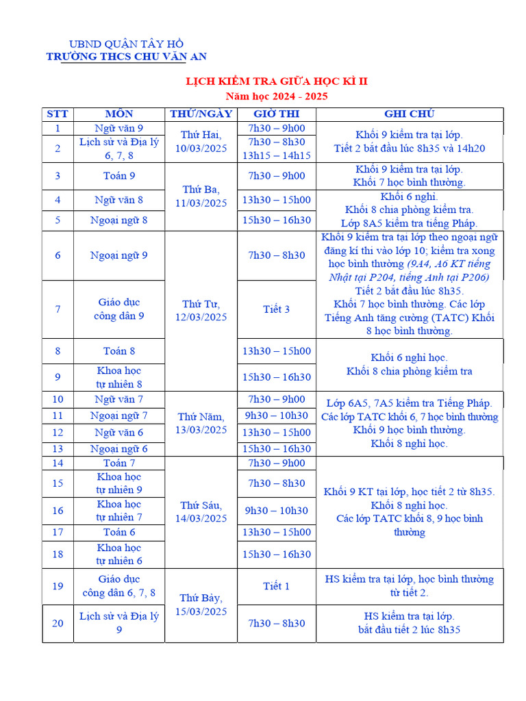 Lich Kiem Tra Giua HKII 24 - 25 | PDF