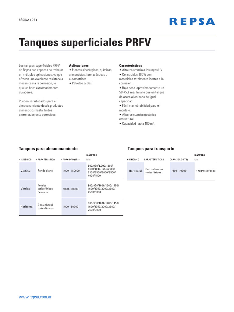 Tanques Superficiales PRFV REPSA | PDF | Ingeniería de Edificación | Materiales