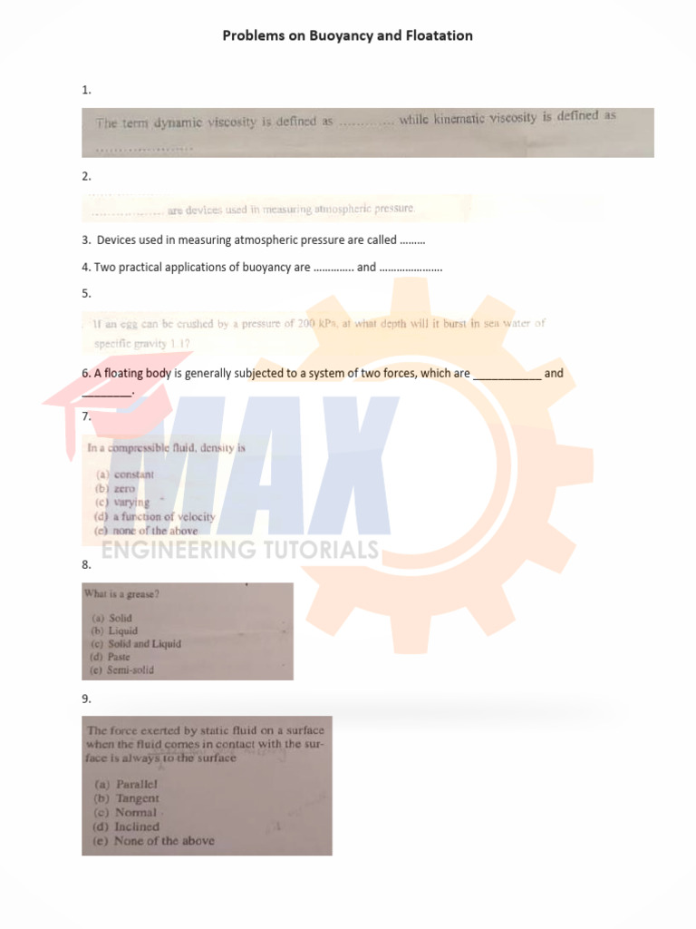 3 Problems On Bouyancy and Floatation | PDF