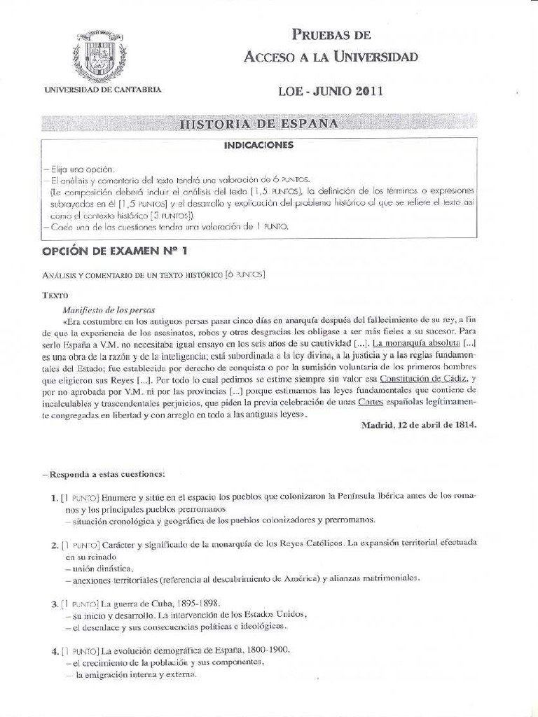 Examen Historia de España de Cantabria (Ordinaria de 2011) | PDF