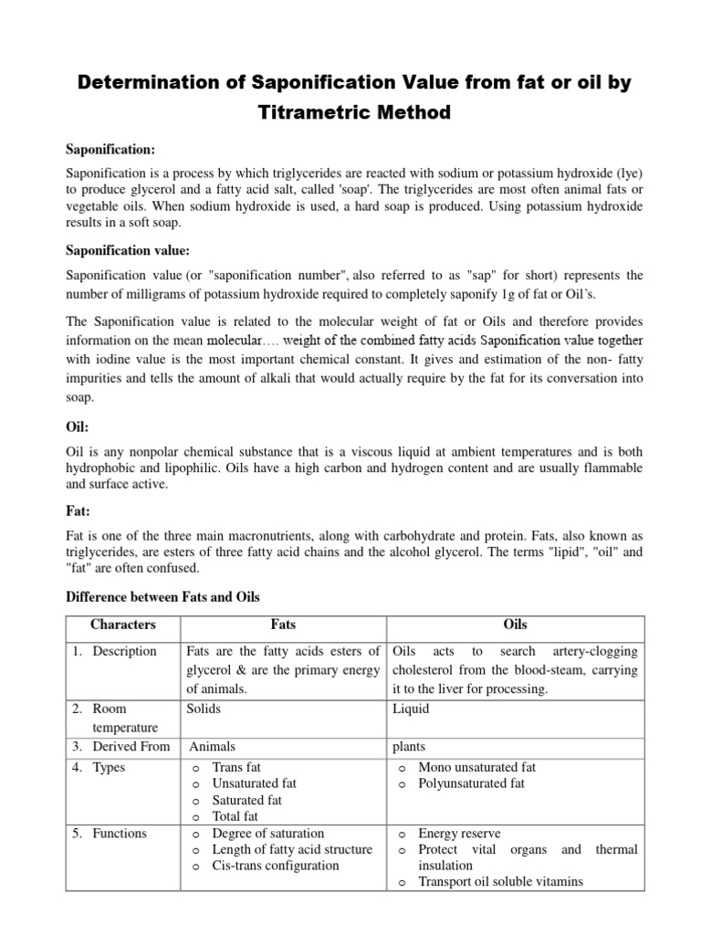 Lecture Sheet - Saponification Value | PDF | Fat | Cooking Oil