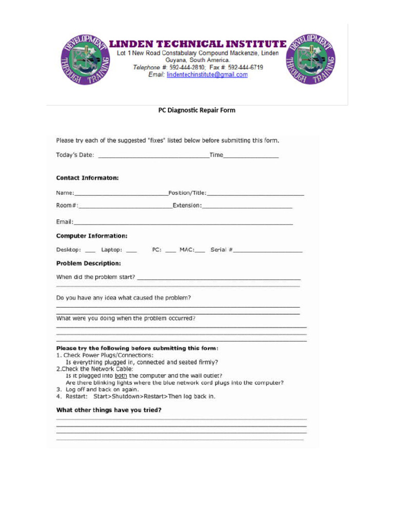 PC Diagnostic Repair Form | PDF