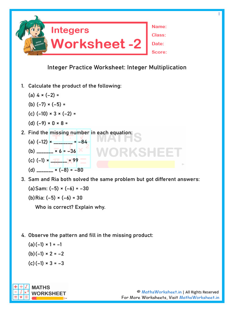 Class 7 Integers Worksheet - Multiplication of Integers (Free PDF ...