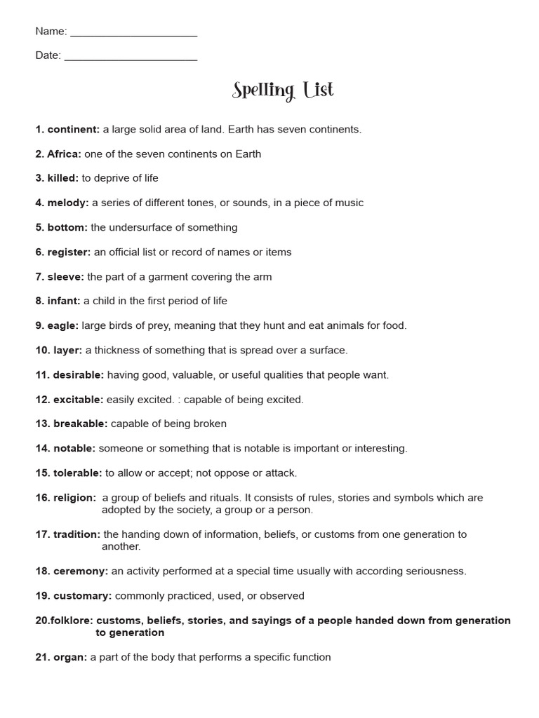 Spelling List 1 | PDF