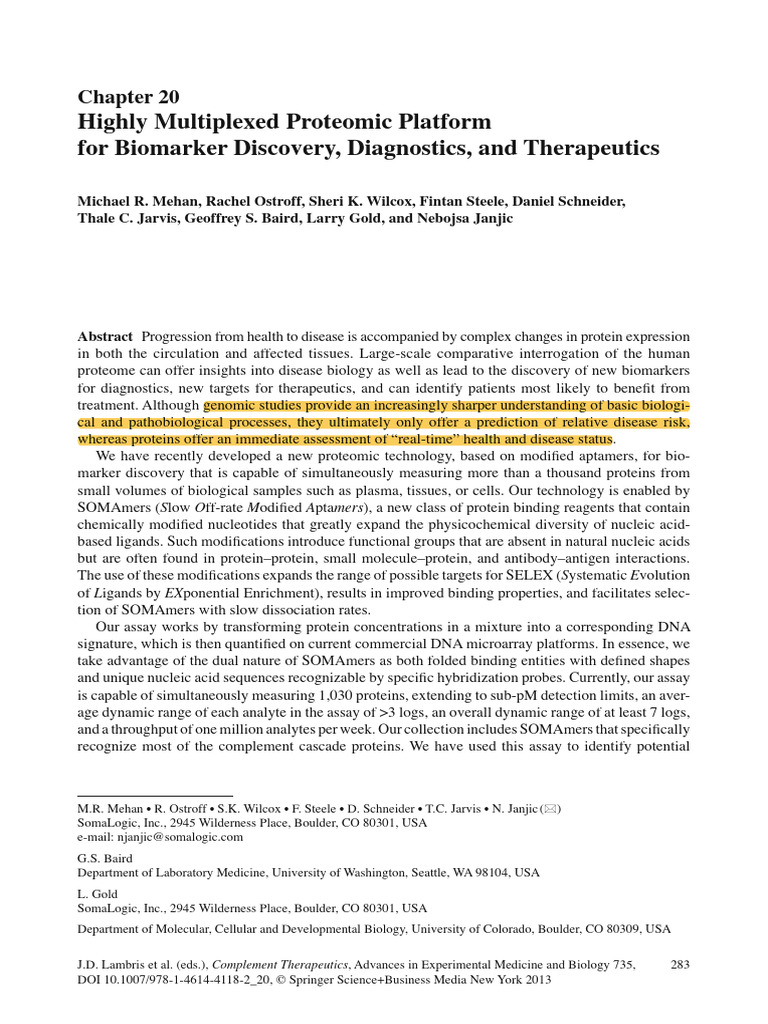 Highly Multiplexed Proteomic Platform for Biomarker Discovery, Diagnostics, and Therapeutics ...