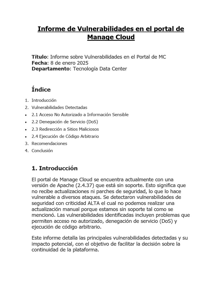 Informe de Vulnerabilidades en el portal de Manage Cloud | PDF | Ataque de denegación de ...