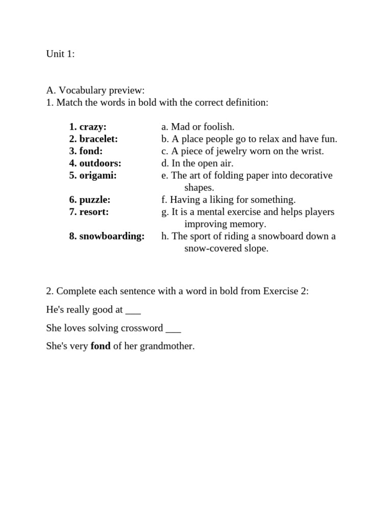 Vocabulary Matching and Usage Exercise | PDF
