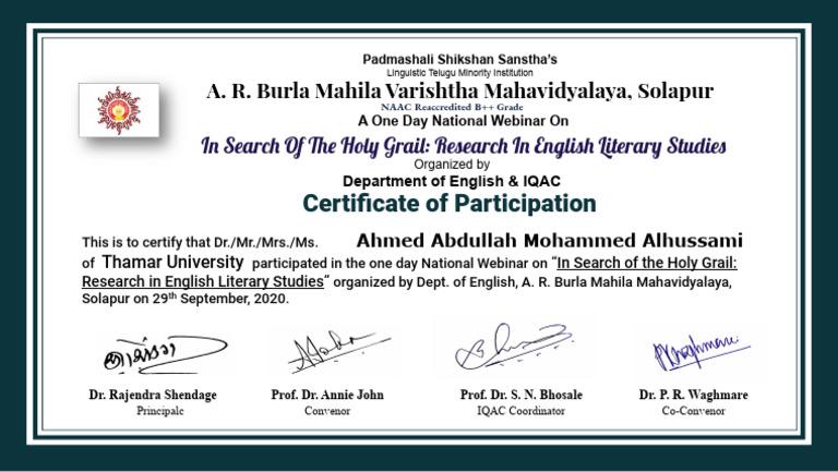 Certificate of Participation: A. R. Burla Mahila Varishtha ...