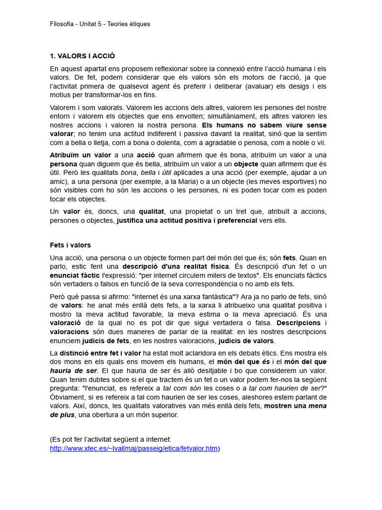 Unitat 5 - Valors I Acció - Apunts | PDF