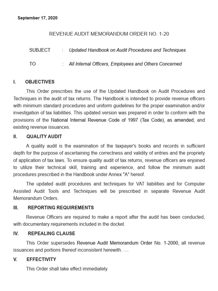Revenue Audit Memorandum Order No. 1-20 _ Updated Handbook on Audit ...