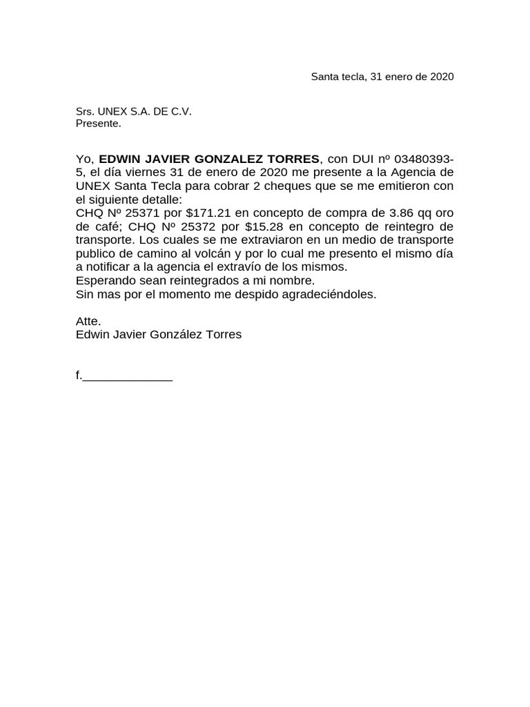 Carta de Extravio de Cheques | PDF